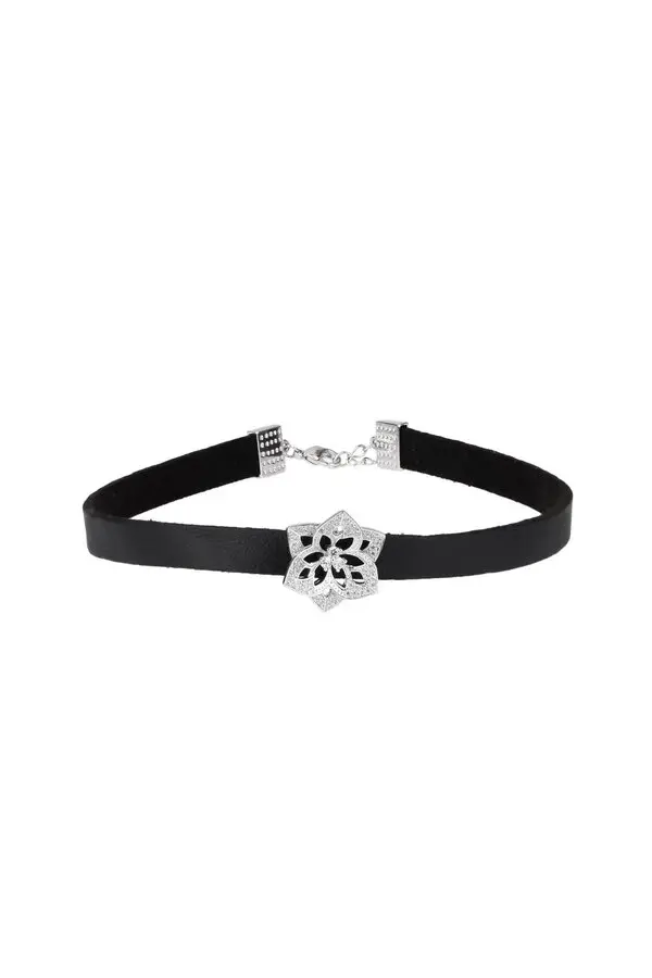Saachi Crystal Flower Leather Choker - Black