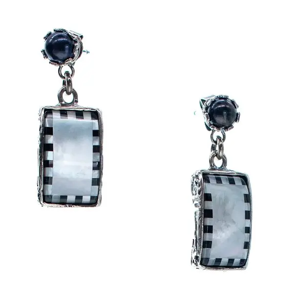 GEM KINGDOM Silver / White / Black Sterling Silver Drop Earrings With Mother Of Pearl And Onyx - Silver/white/black