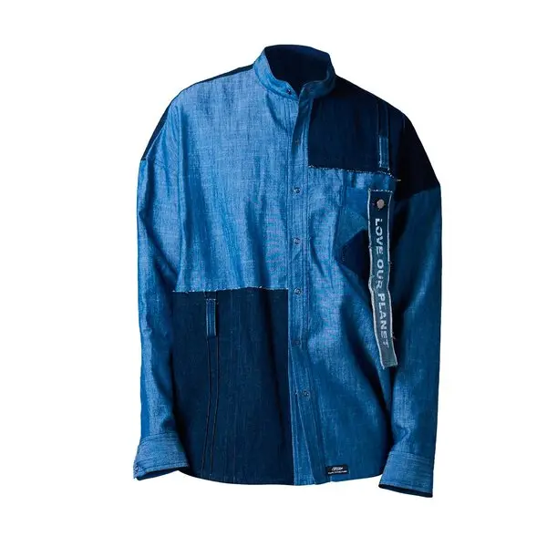 STORY WEAR Seventy's Stand Collar Patchwork Shirt - Blue