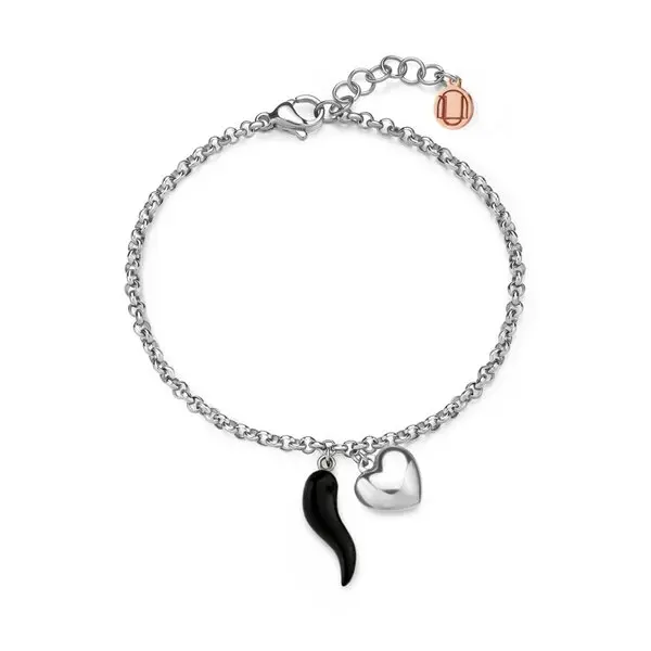 UNALOE Silver / Black Sterling Silver Cornicello & Heart Charm Bracelet – Black Enamel Italian Good Luck Jewelry, Handmade Lucky Talisman - Silver/black