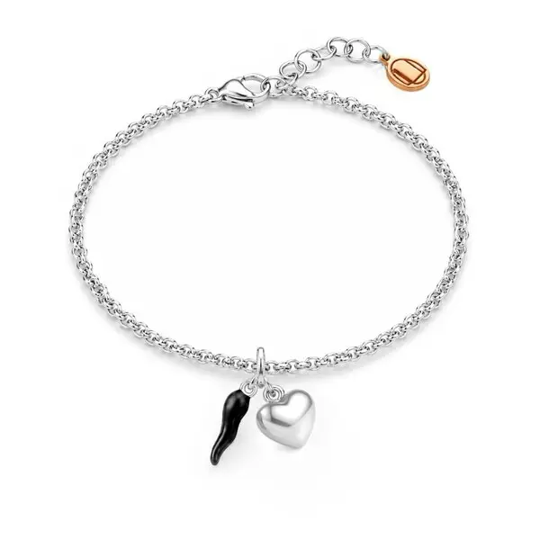 UNALOE Silver / Black Sterling Silver Cornicello & Heart Charm Bracelet – Black Enamel Italian Good Luck Jewelry, Handmade Lucky Talisman - Silver/black