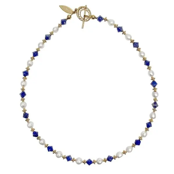 FARRA Lapis With Freshwater Pearls Double Layers Bracelet / Choker Necklace - Blue