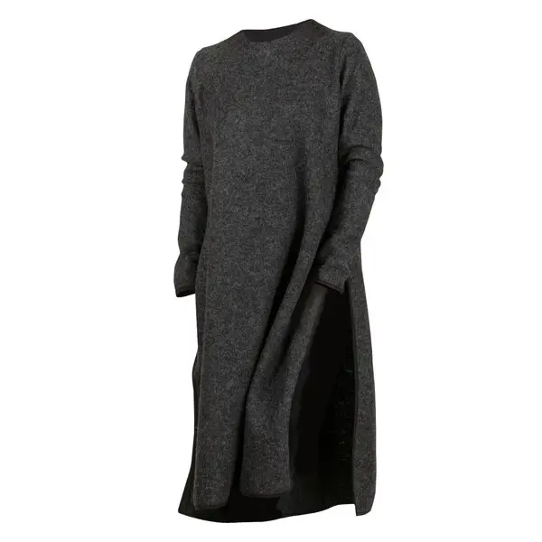 NIKKA PLACE Minimalist Boiled Wool Sweater Dress With Long Sleeves And Slits In Charcoal Gray - Grey