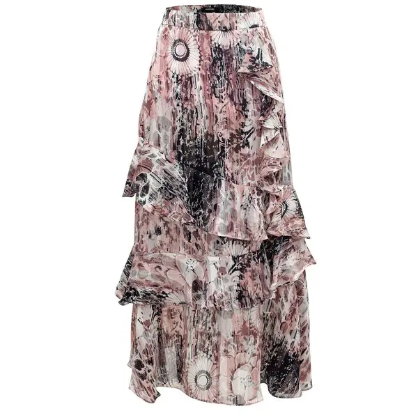 SMART AND JOY Long Chiffon Skirt With Ruffles Floral Print & Purple - Pink