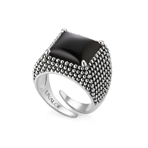 UNALOE Silver / Black Sterling Silver Ring With Black Onyx – Bold Design With Adjustable Band - Silver/black
