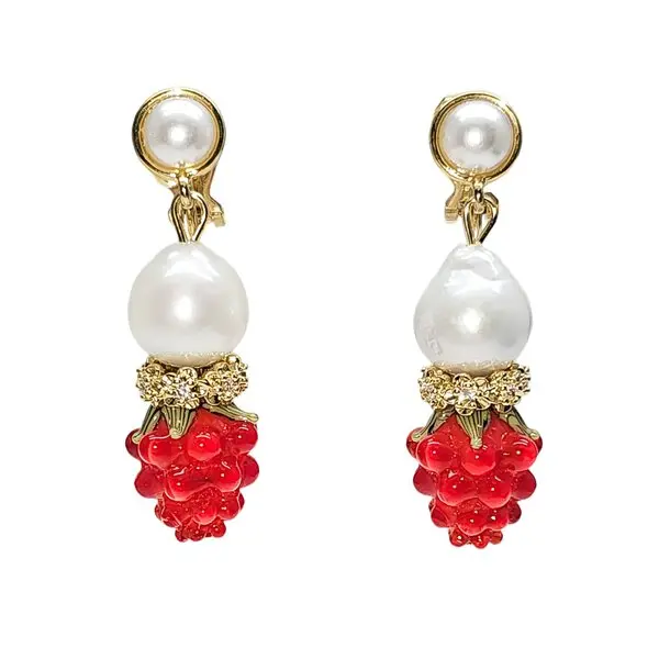 FARRA Raspberry With Freshwater Pearls Clip On Earrings - Orange