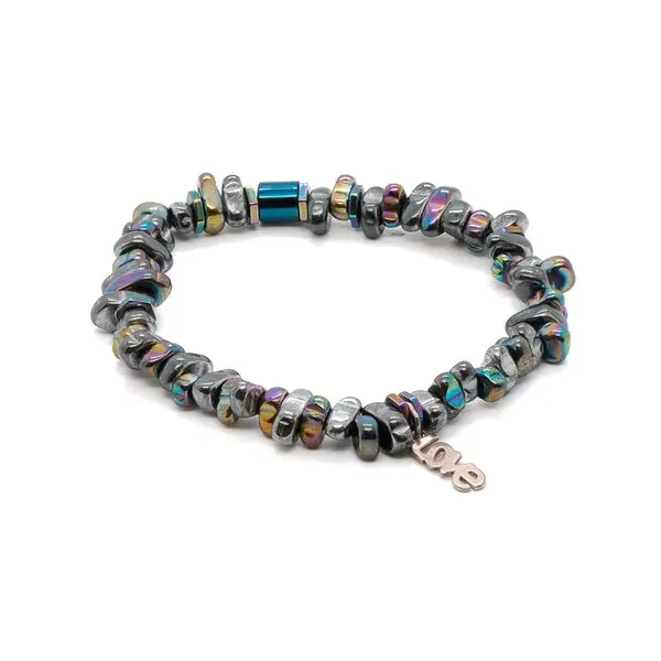 EBRU JEWELRY Blue / Silver Love Charm Positive Energy Hematite Beaded Bracelet Silver - Blue/silver