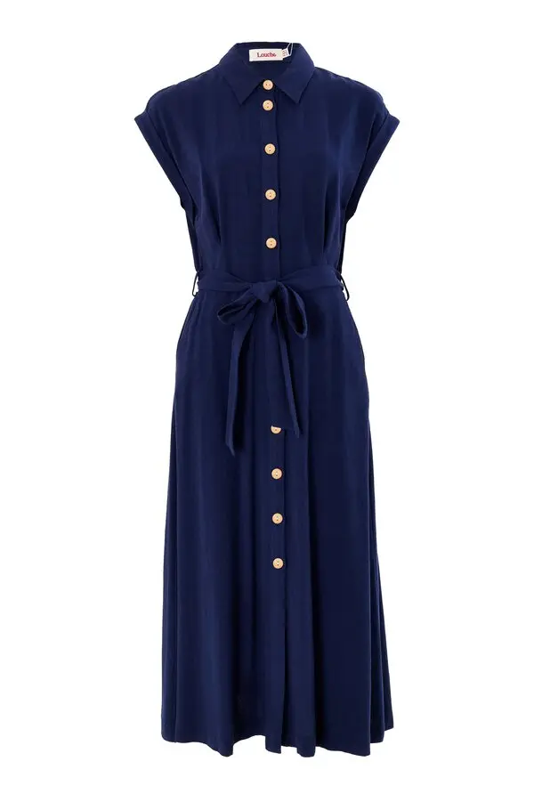 LOUCHE Reese Linen Mix Button Through Midi Shirt Dress Navy - Blue