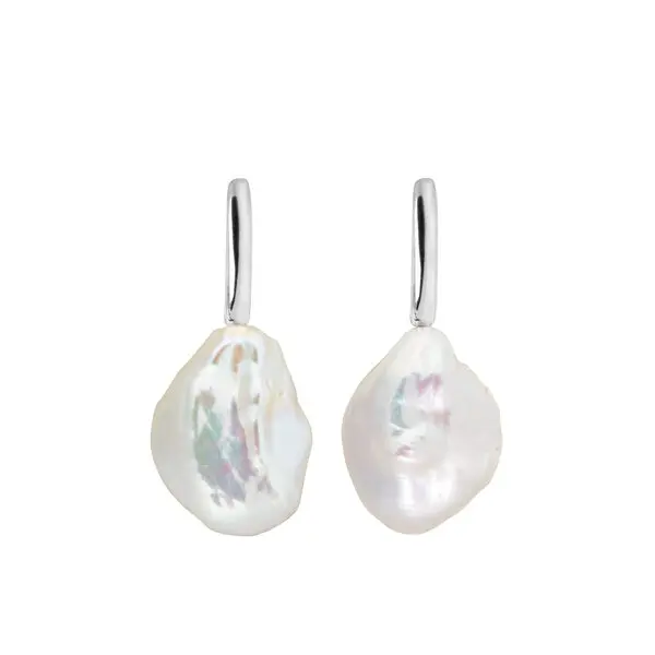 ORA PEARLS Silver / White Aetis Flat Baroque Pearl Hoop Earrings-silver - Silver/white