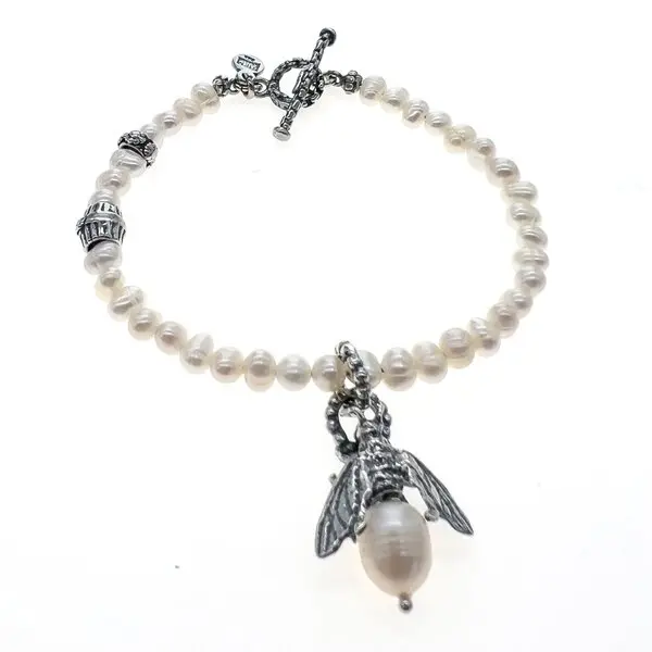 GEM KINGDOM White / Silver Bee My Honey Bracelet With White Pearls And Sterling Silver - White/silver