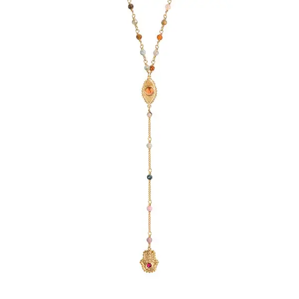 KARMA AND LUCK Tourmaline Evil Eye Hamsa Lariat Necklace – Protection & Balance Jewelry – Benevolent Spirit - Gold