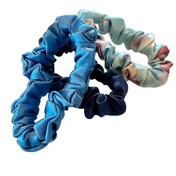 SOFT STROKES SILK Set Of Three Pure Mulberry Silk Mini Scrunchies Weekly Special Hair Ties Lakeside Serenity - Blue