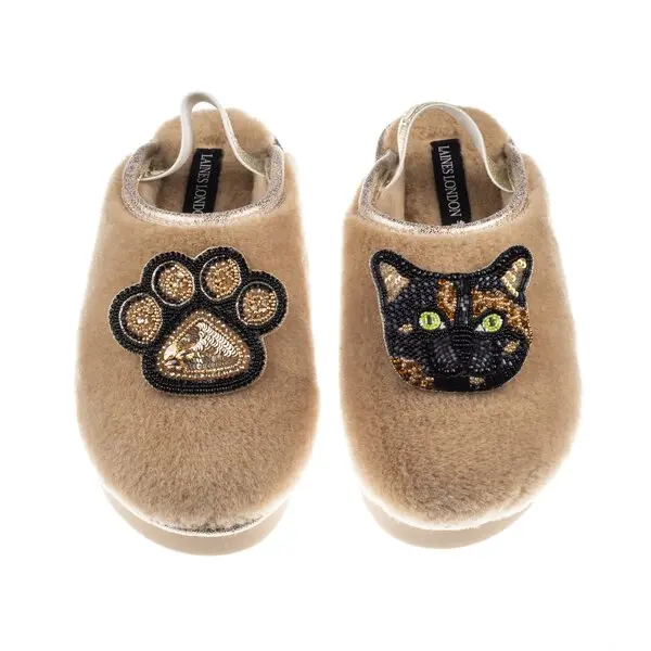 LAINES LONDON Brown / Gold / Neutrals Flatform Cloud Slippers With White Misty The Tortoiseshell Cat & Paw Brooches Toffee - Brown/gold