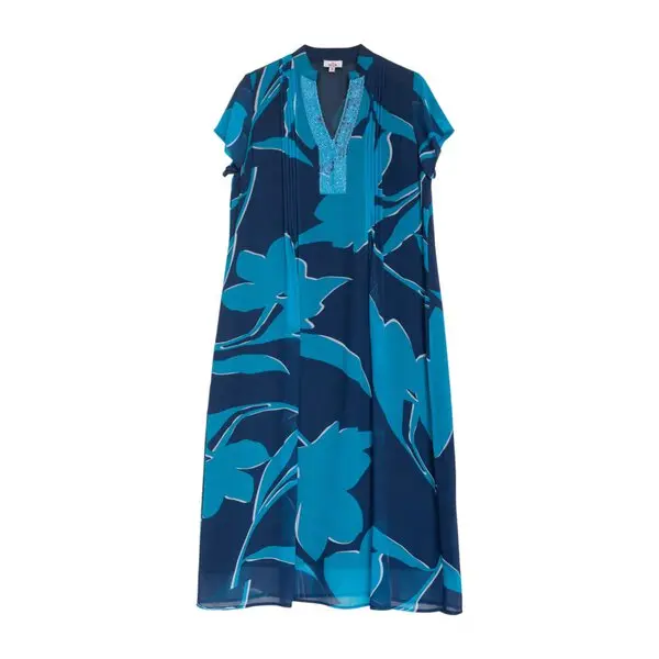 NIZA Printed Short Sleeve V-neck Midi Dress With Embroidery