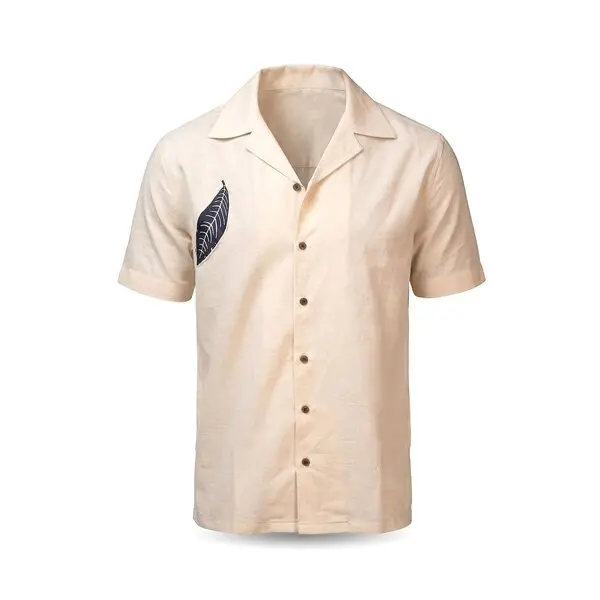 STOVARIA Camp Collar Half Sleeve Organic Cotton Shirt With Indigo Leaf Appliqu - White