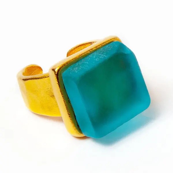 SMART GLASS JEWELRY Recycled Gin Bottle Cube Gold Ring Aqua - Blue