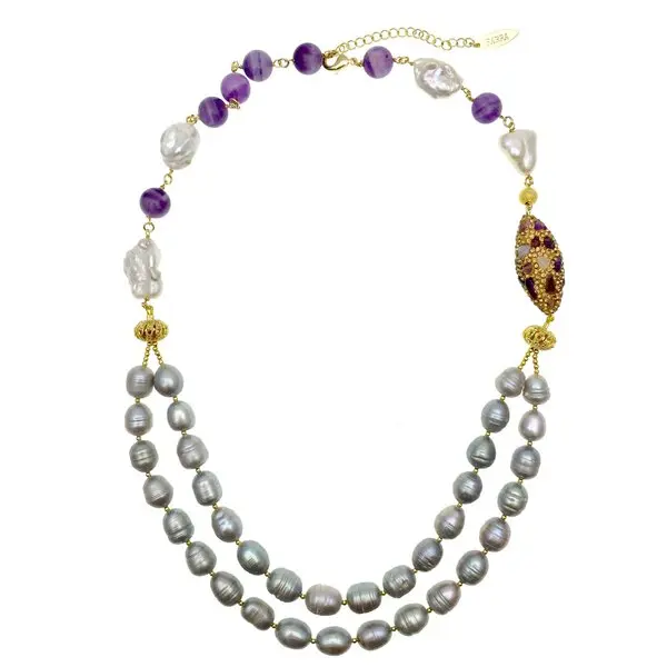 FARRA White & Grey Freshwater Pearls With Amethyst Double Strands Necklace
