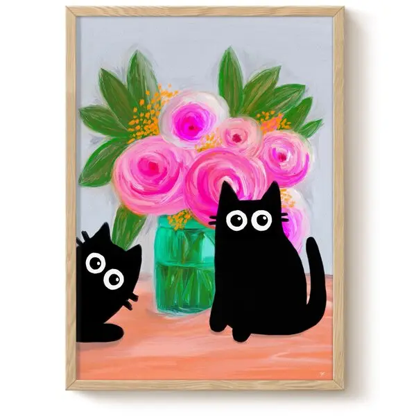 THE PAPER TAIL Cats And Roses Art Print A4 - Black