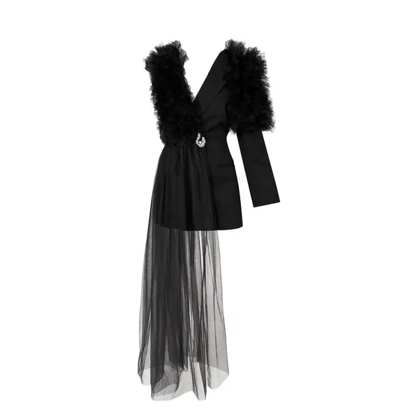 LIA ARAM Ruffle Surprise Tailored Blazer - Black