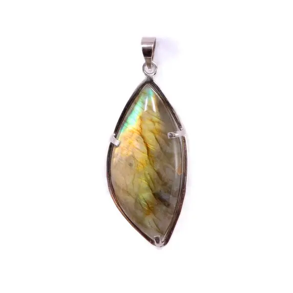 MINERALGEMS ✩ STUDIO Grey / Yellow Labradorite Navette Pendant With Sterling Silver Chain - Grey/yellow