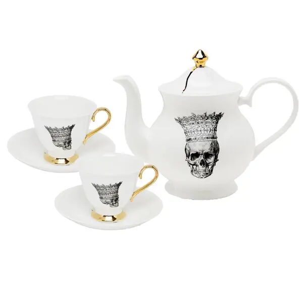 MELODY ROSE LONDON White / Gold Skull In Crown Tea For Two Teaset - White/gold