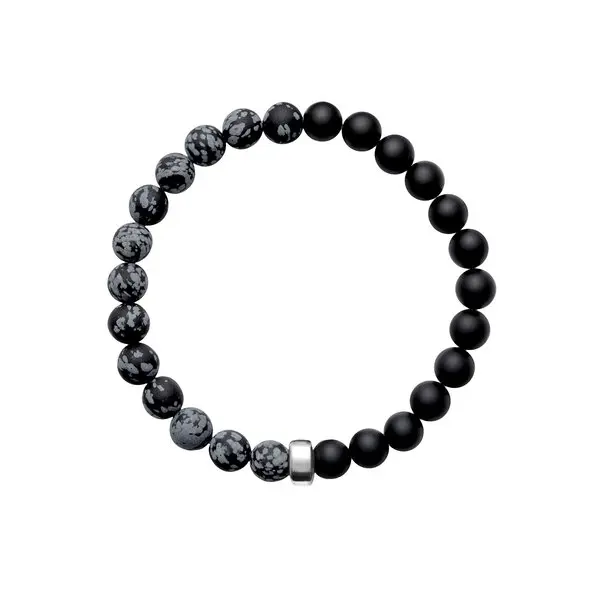 ORA PEARLS Black / White / Grey Aro Snowflake Obsidian & Onyx Bracelet Silver Bead Large - Black/white/grey