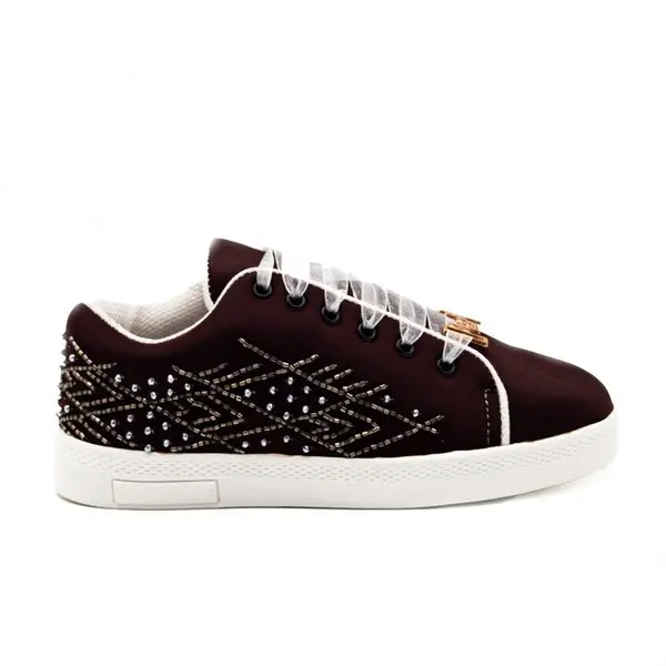 RETTROSE Amaya Luxury Chocolate Lycra Handmade Embellished Tennis Shoe - Brown