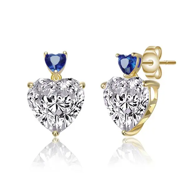 GENEVIVE Rachel Glauber Dainty Plated Blue & Clear Cz Heart Earrings - Gold