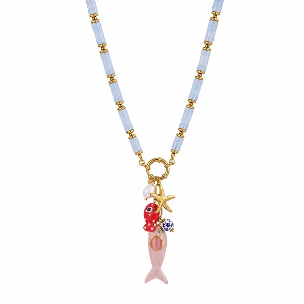 ORMIRO Seaside Treasure Fish & Shell Beaded Necklace - Blue