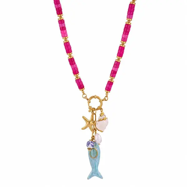 ORMIRO Seaside Treasure Fish & Shell Beaded Necklace - Pink