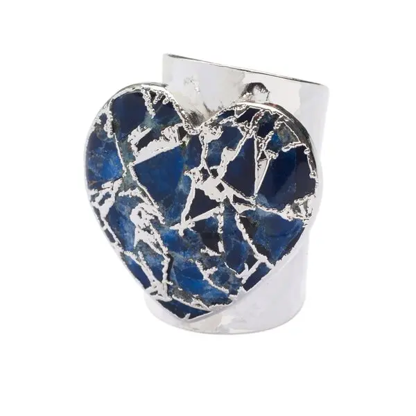 YAA YAA LONDON Blue / Silver Molten Heart Longline Navy Blue Stone Silver Adjustable Ring - Blue/silver