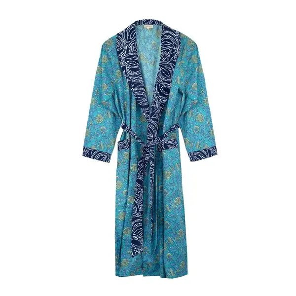 INARA Indian Cotton Waterlily Print Robe - Green