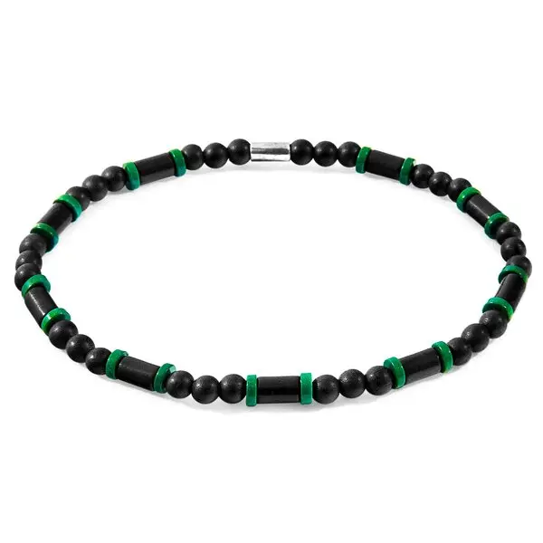 ANCHOR & CREW Turquoise, Green Agate & Ebony Wood Samuel Silver & Stone Skinny Bracelet - Black