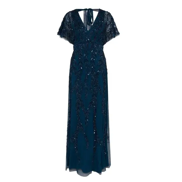 RAISHMA Serenity A Flattering V Neckline, Tie Up Back, Cap Sleeve & All Over Hand Embellishts Gown - Blue