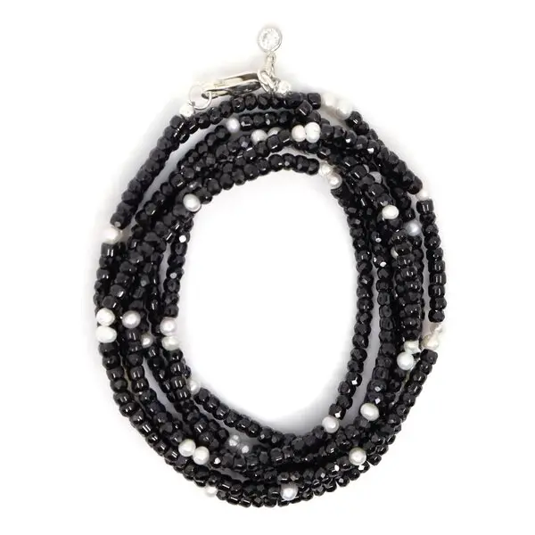 Shar Oke Black Cubic Zirconia And Freshwater Pearl Wrap Bracelet - Black/white/silver