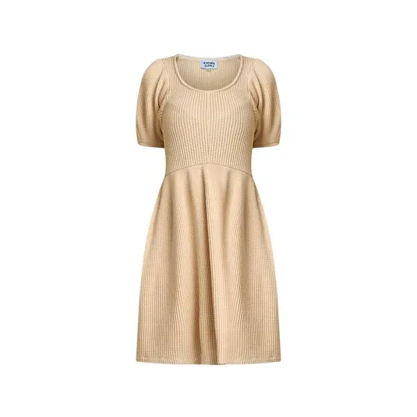 KNOWN SUPPLY Puff Sleeve Waffle Knit Babydoll Dress Ethel Dusty Peach - Pink