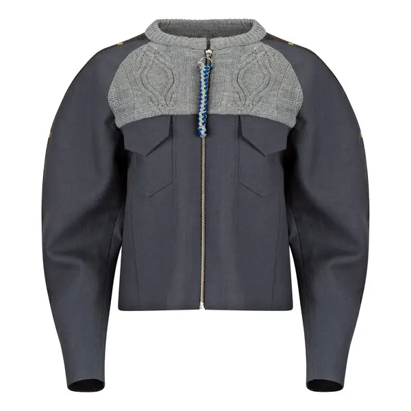 BOUTIQUE KAOTIQUE Black / Grey Handmade Indonesian Knitted Bomber Jacket - Black/grey