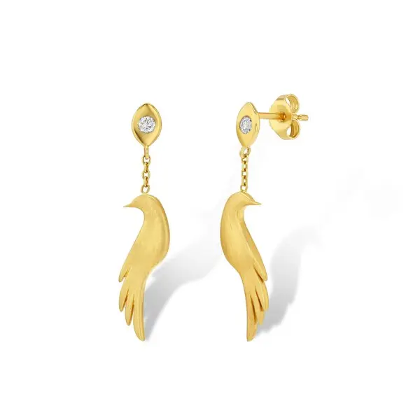 JEWELBIRD Diamond Bird Drop Earrings - Gold