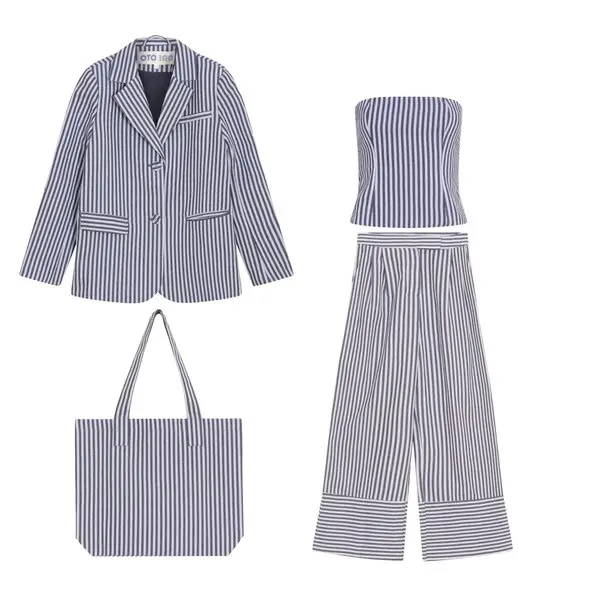 LONDON ATELIER BYPRODUCT White Striped Blazer Trousers Corset And Tote Bag Four Piece Co Cordinates Set - Blue