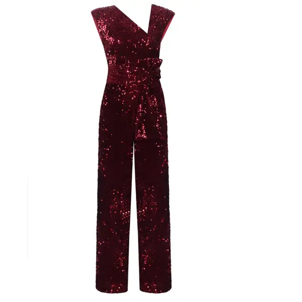 NALÈ Burgundy Velvet Sequin Jumpsuit – Festive Party Style - Red