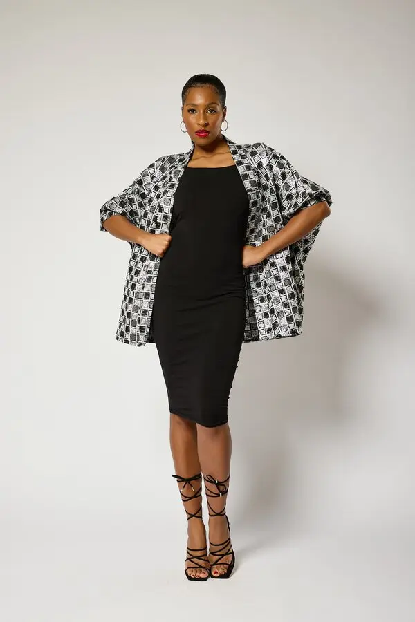 LIONESS BY TF Grey / Black / White Short Checkered Kimono Jacket - Grey/black/white