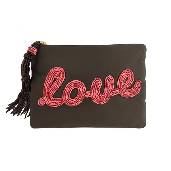 SIDNEY BYRON Leather Mini Clutch With Love Beading - Brown