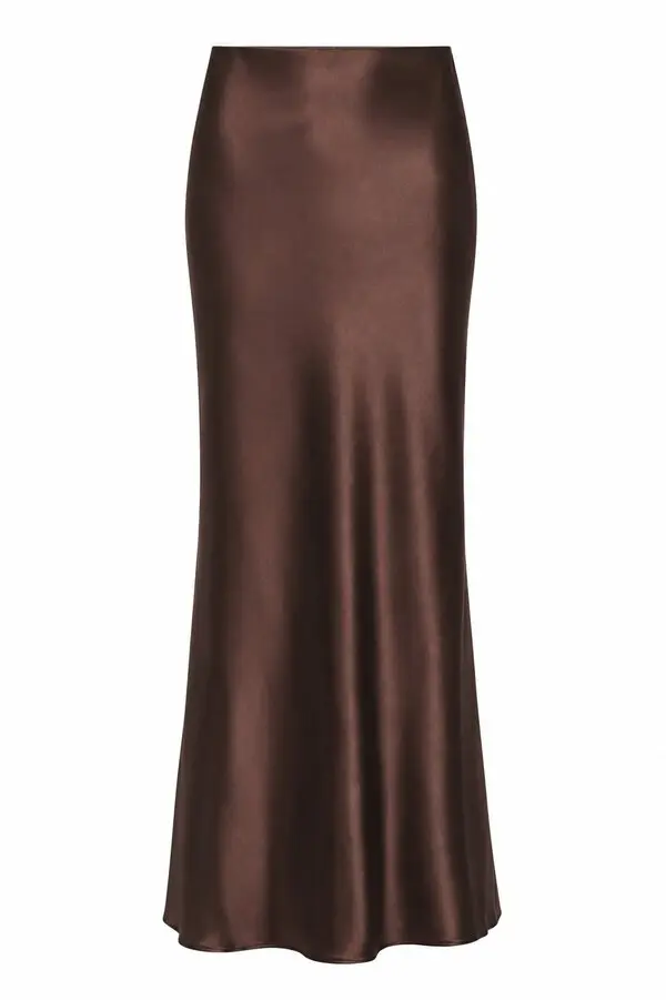 LILY ROU Chocolate Maxi Silk Slip Skirt - Brown