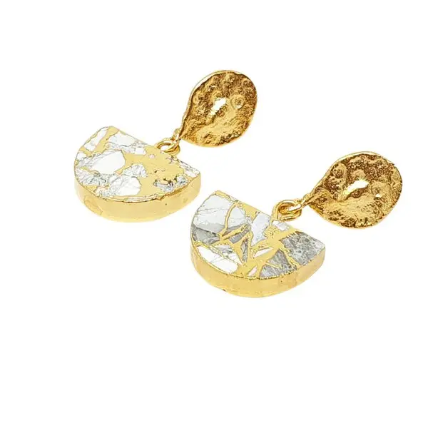 HARFI Gold / Grey Moonstone June Birthstone Statet Hammered Gold Plated Earrings - Gold/grey