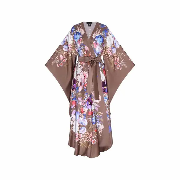 MENG Chocolate Watercolour Flowers Silk Satin Wrap Dress - Brown
