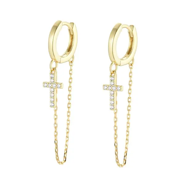 KAMARIA Cross Chain Huggie Earrings With Crystals - Gold