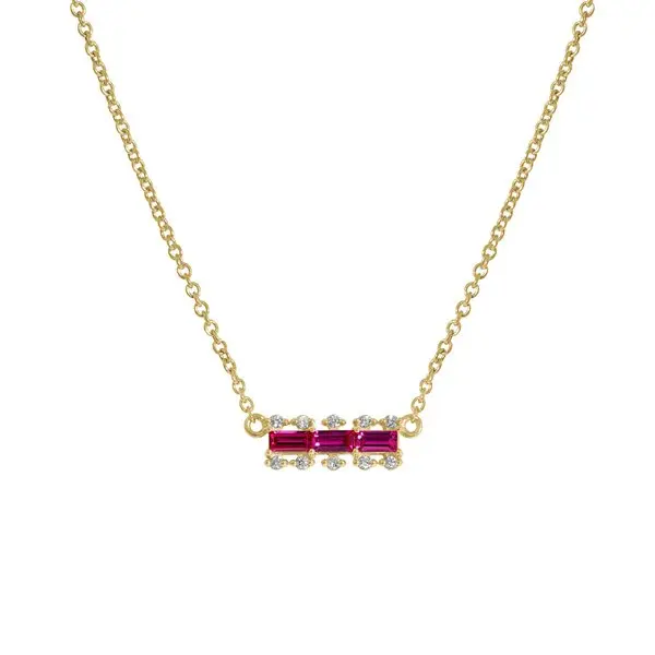KIERA Baguette Cut Created Ruby With Lab Grown Diamond Accent Horizontal Bar Pendant Necklace - Yellow