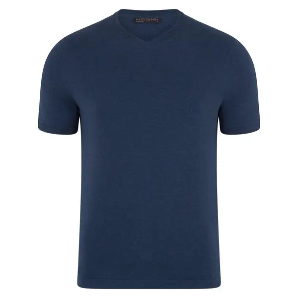 PAUL JAMES KNITWEAR Ultra Fine Cotton Hudsonn High V Neck Knitted T-shirt Melange - Blue