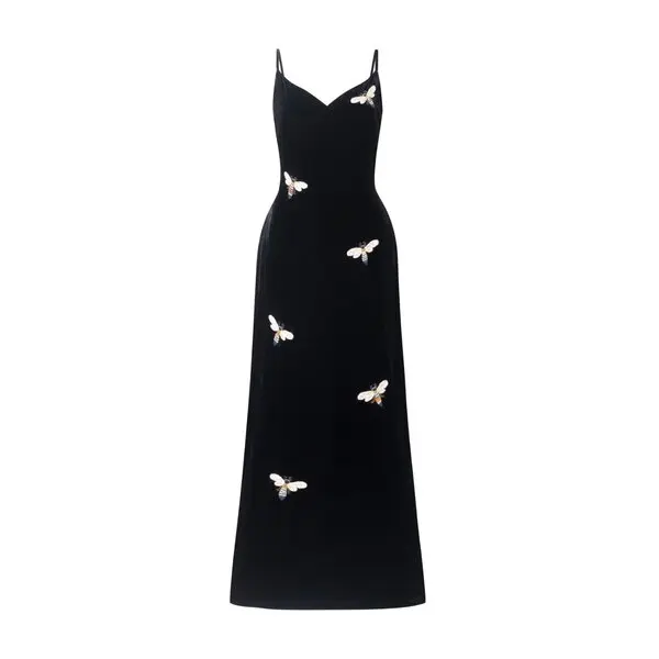 SILK AND BEARS Black / Gold Hand-embroidered Black Bee Silk Velvet Evening Dress - Black/gold