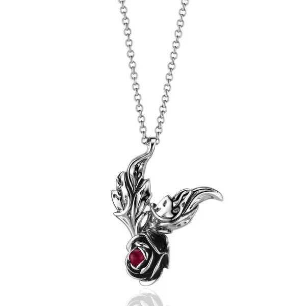 UNALOE Silver / Red Natural Ruby Pendant Necklace In Sterling Silver – Oxidized Black Rose Statet Jewelry, Handmade In Italy - Silver/red
